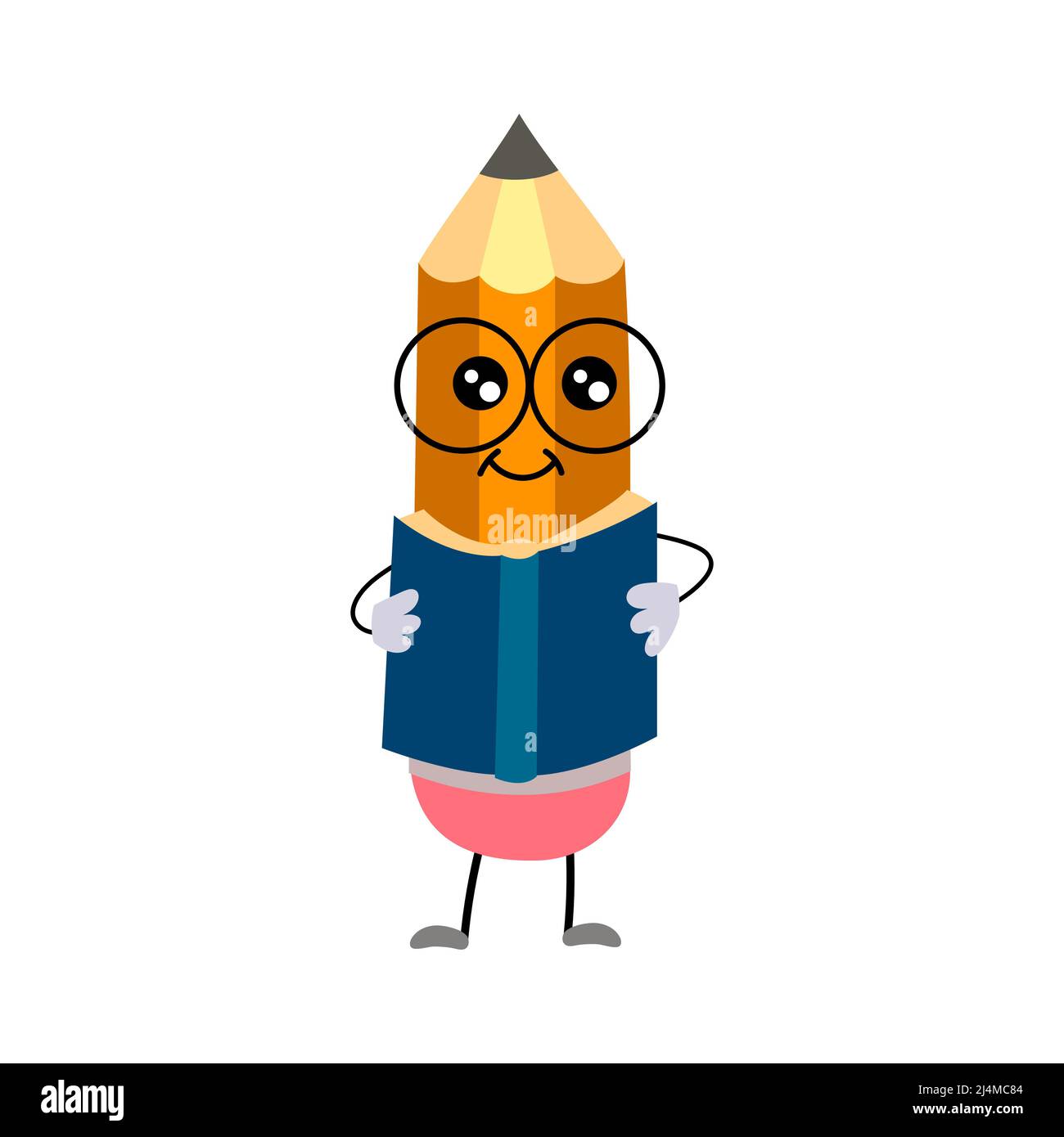 Happy cartoon pencils with a book and glasses. The humanized funny ...