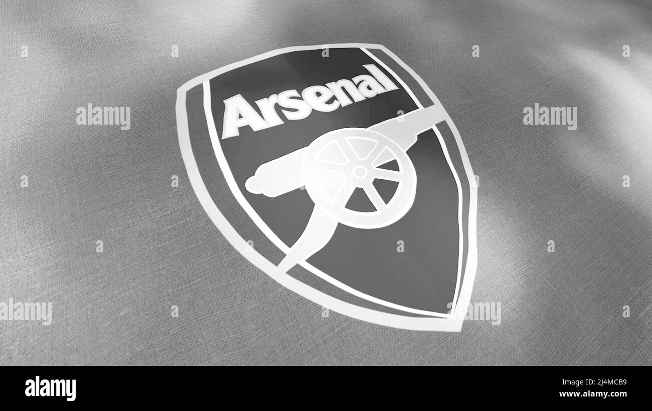 Waving flag with Arsenal football team logo, close-up. Motion. Black ...