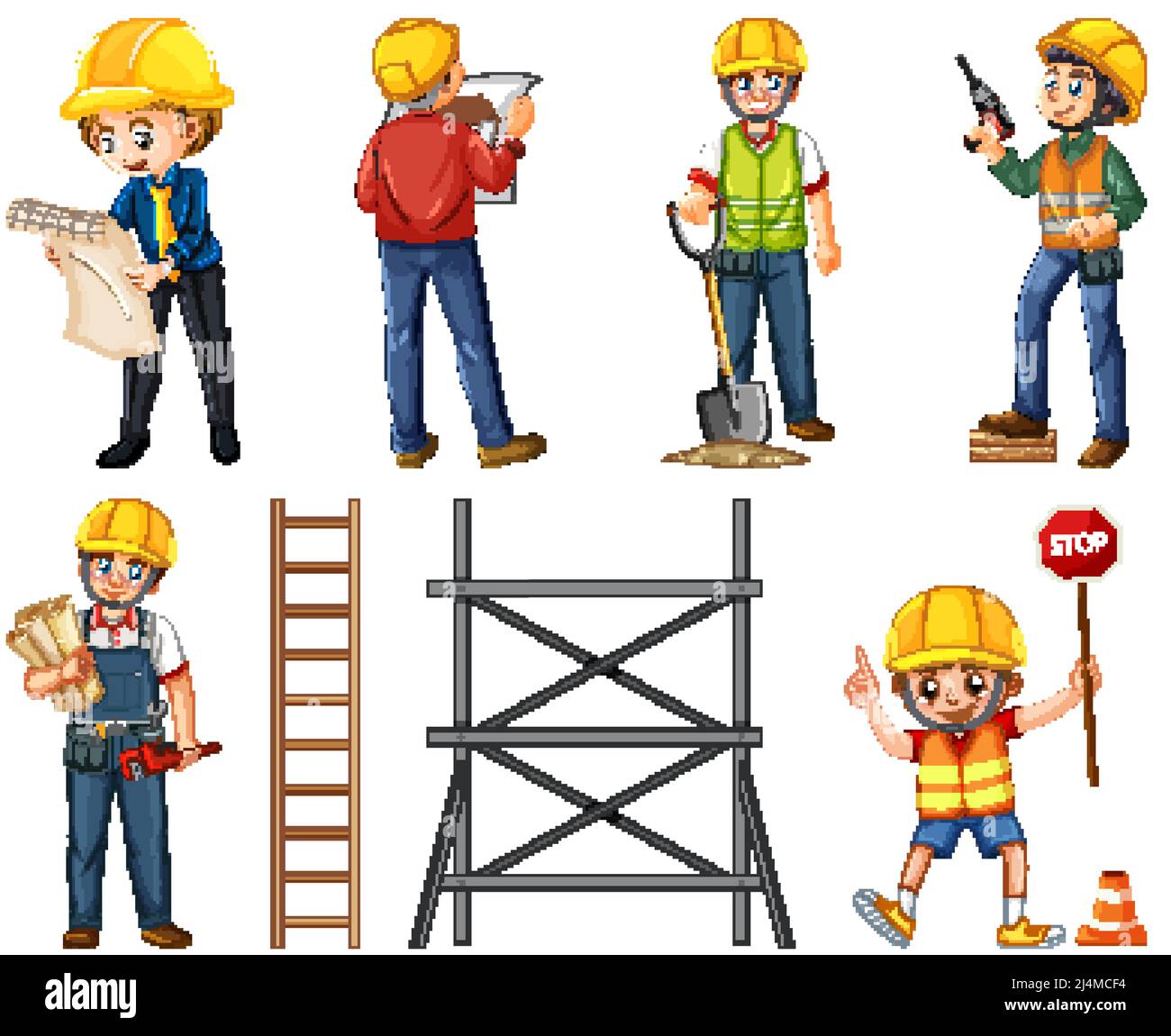 Set of construction site objects and workers illustration Stock Vector ...
