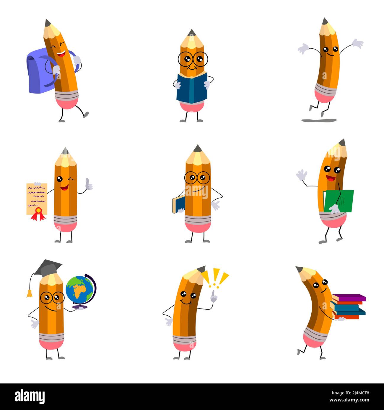 A set of happy cartoon pencils with books, backpack, glasses ...