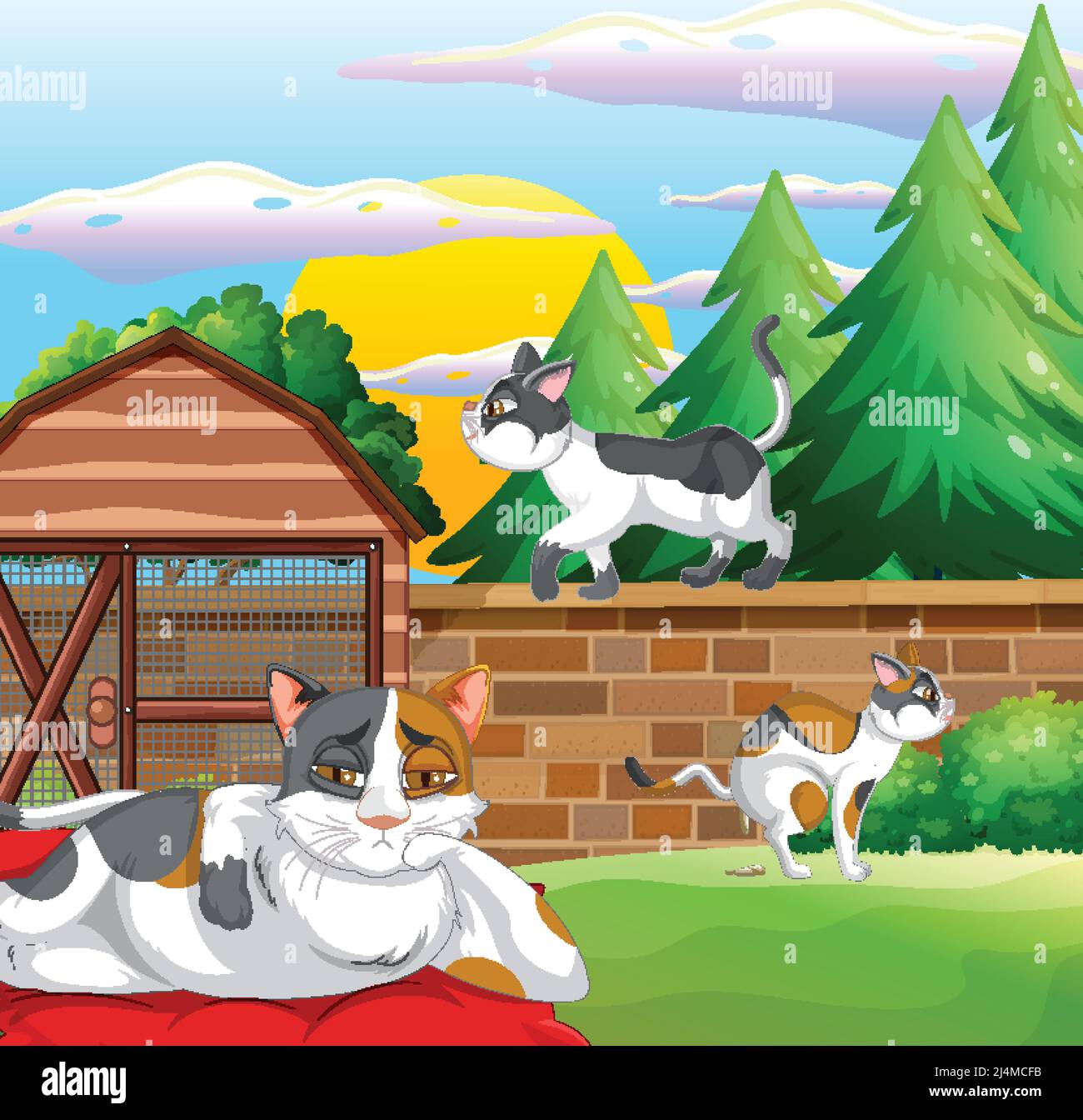 Outdoor scene with cartoon cats illustration Stock Vector Image & Art ...