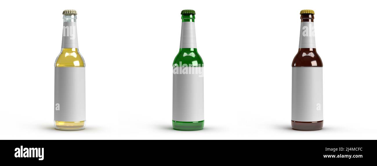 Three types of beer bottles isolated on white background 3D rendering ...