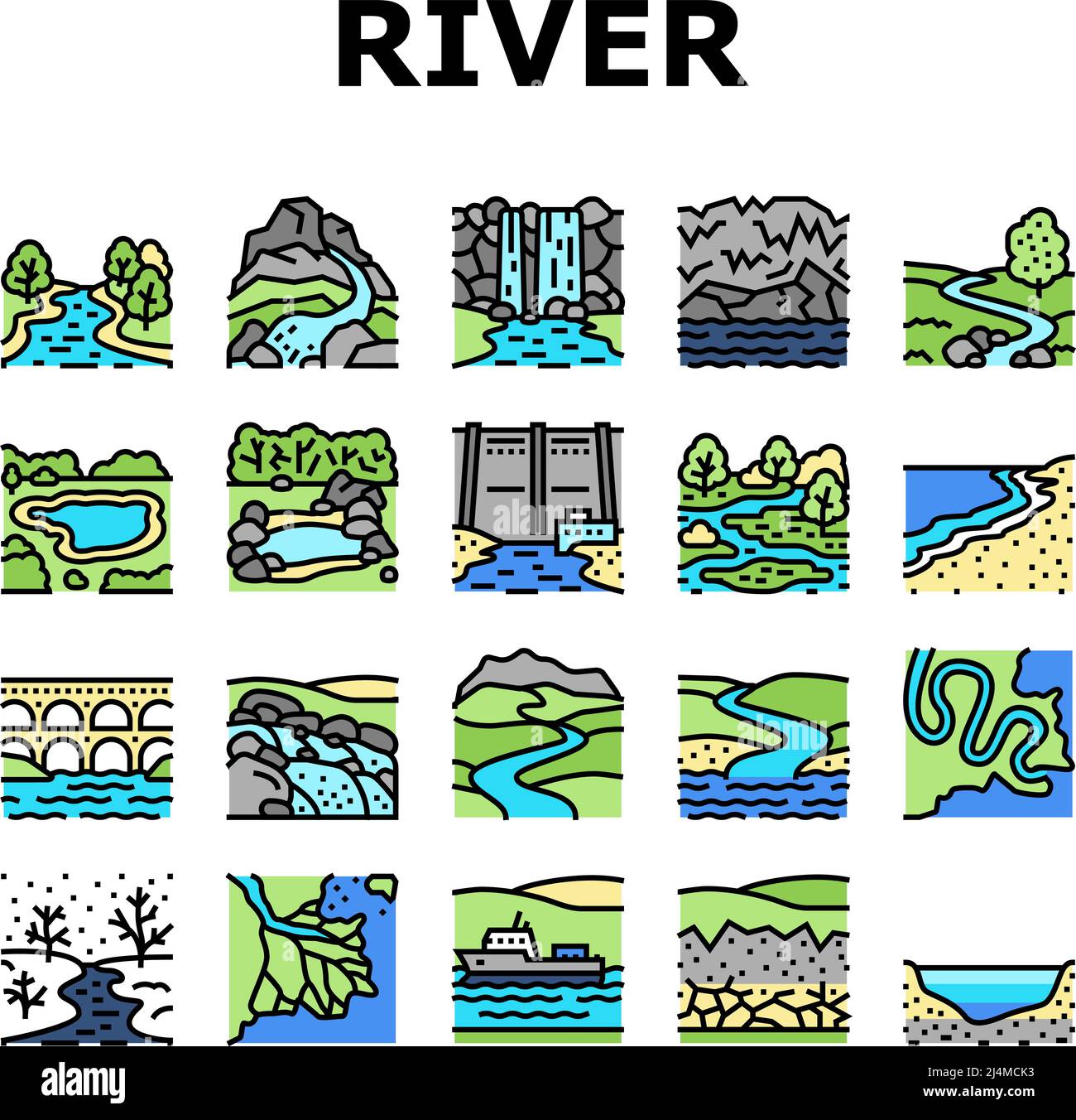 River And Lake Nature Landscape Icons Set Vector Stock Vector Image ...