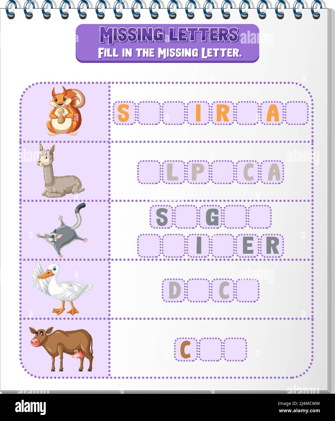 Fill the missing letter of each word worksheet for children ...