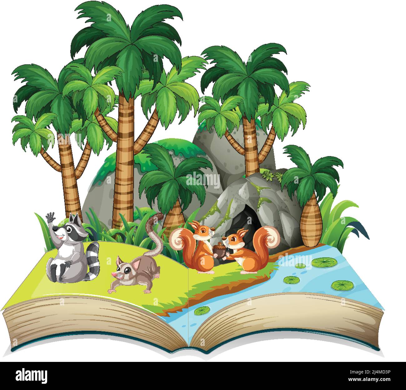Opened fantasy book with cute animals illustration Stock Vector Image ...