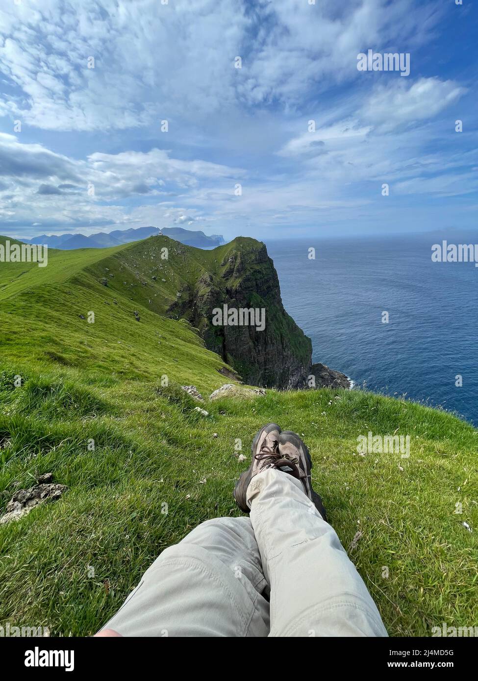 Beautiful aerial view of the Kallur Lighthouse in the Faroe Islands ...