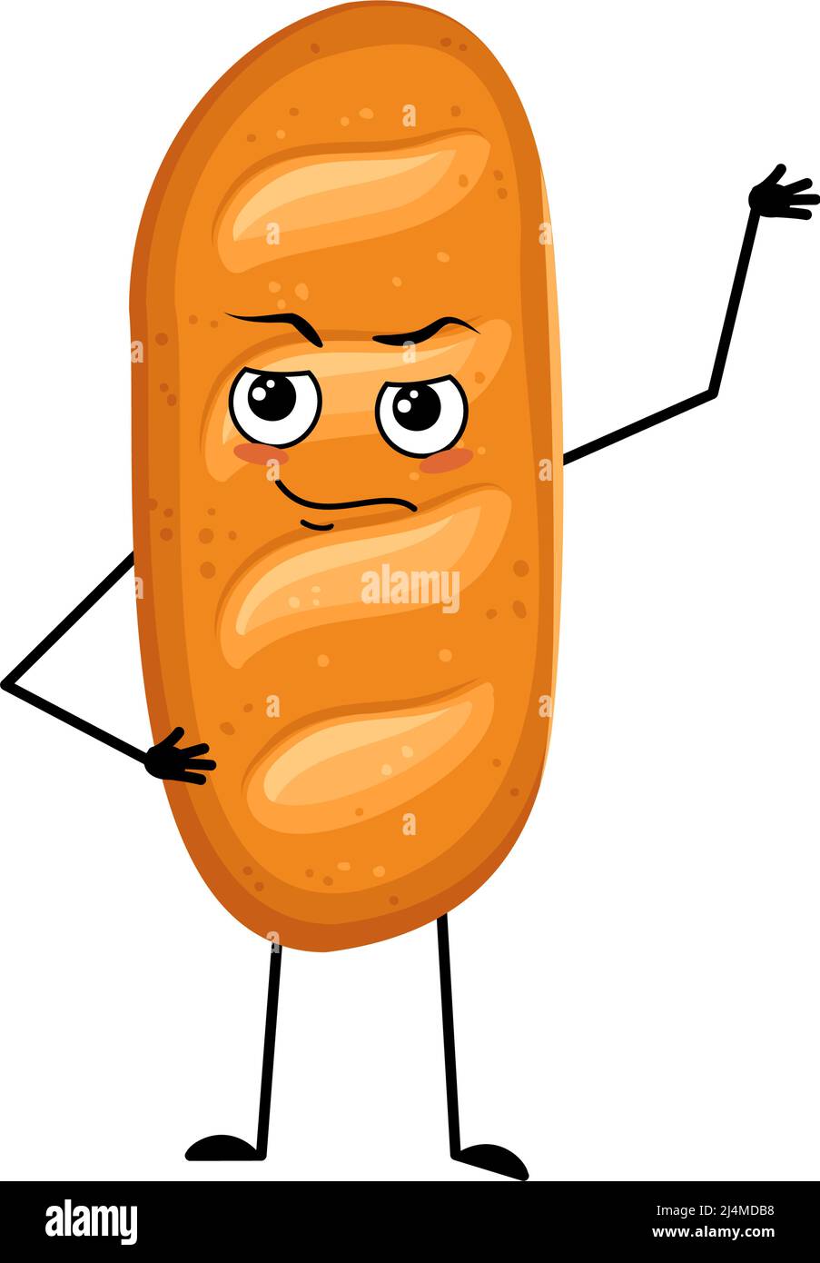 Cute loaf of bread character with emotions of hero, brave face, arms ...