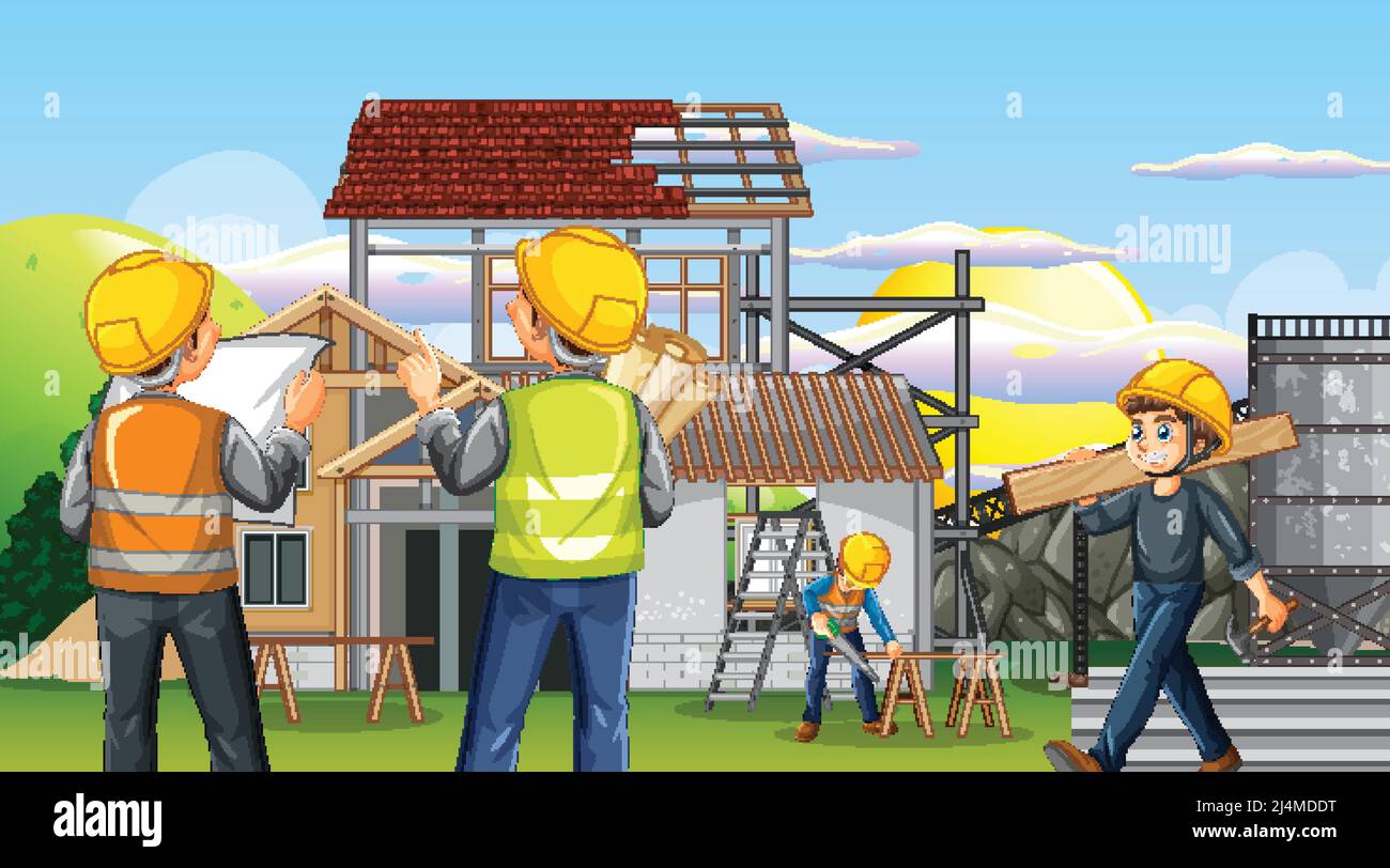 Building construction site with workers illustration Stock Vector Image ...
