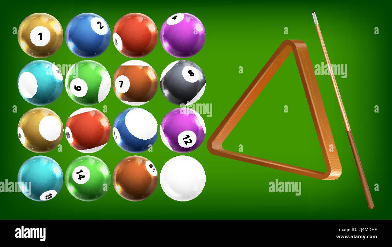 Billiard Balls, Wooden Triangle And Cue Set Vector Stock Vector Image ...