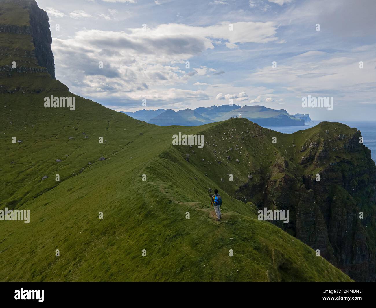 Beautiful aerial view of the Kallur Lighthouse in the Faroe Islands ...