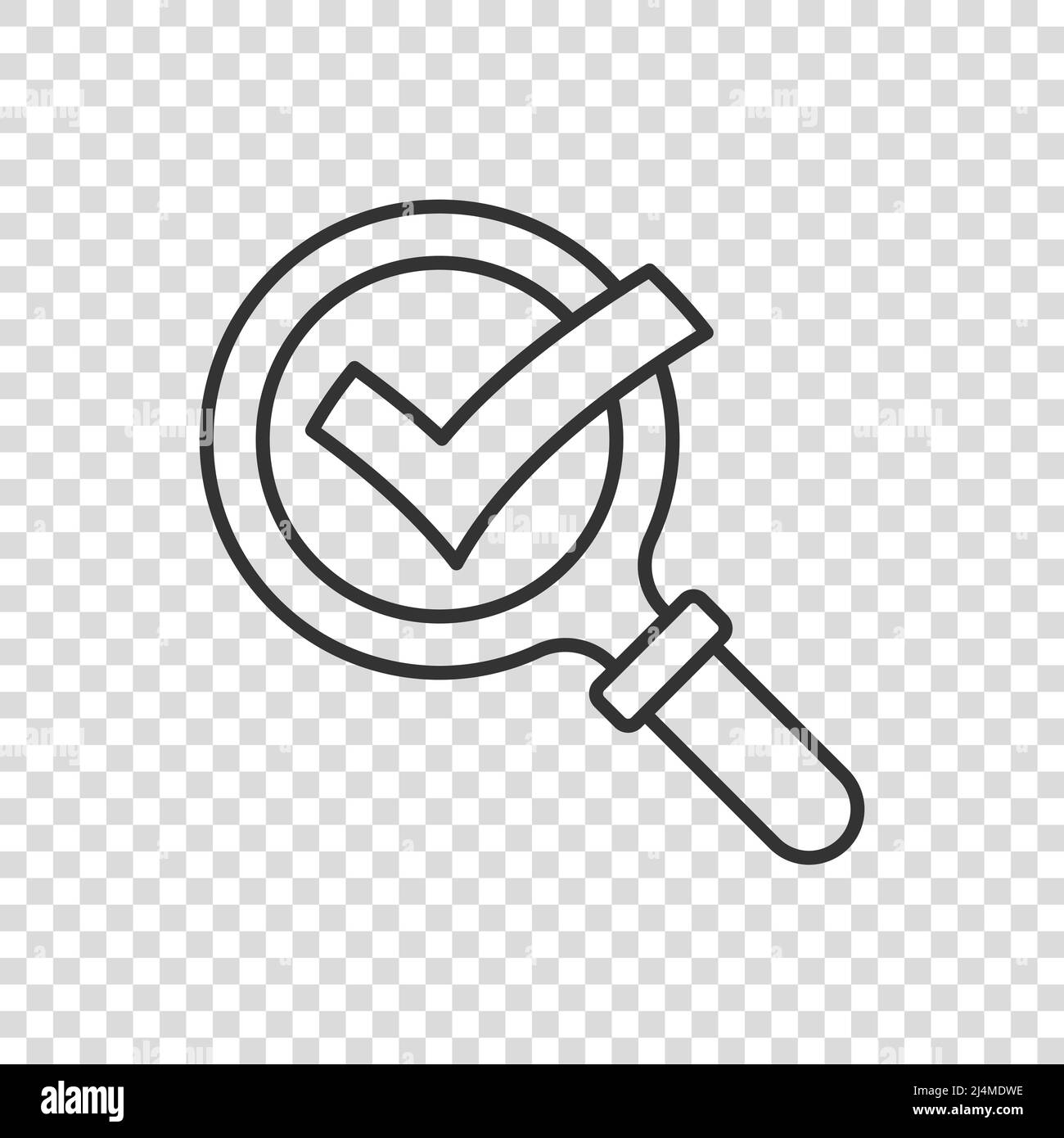 Check mark with magnifying glass icon in flat style. Loupe accept vector illustration on white ...