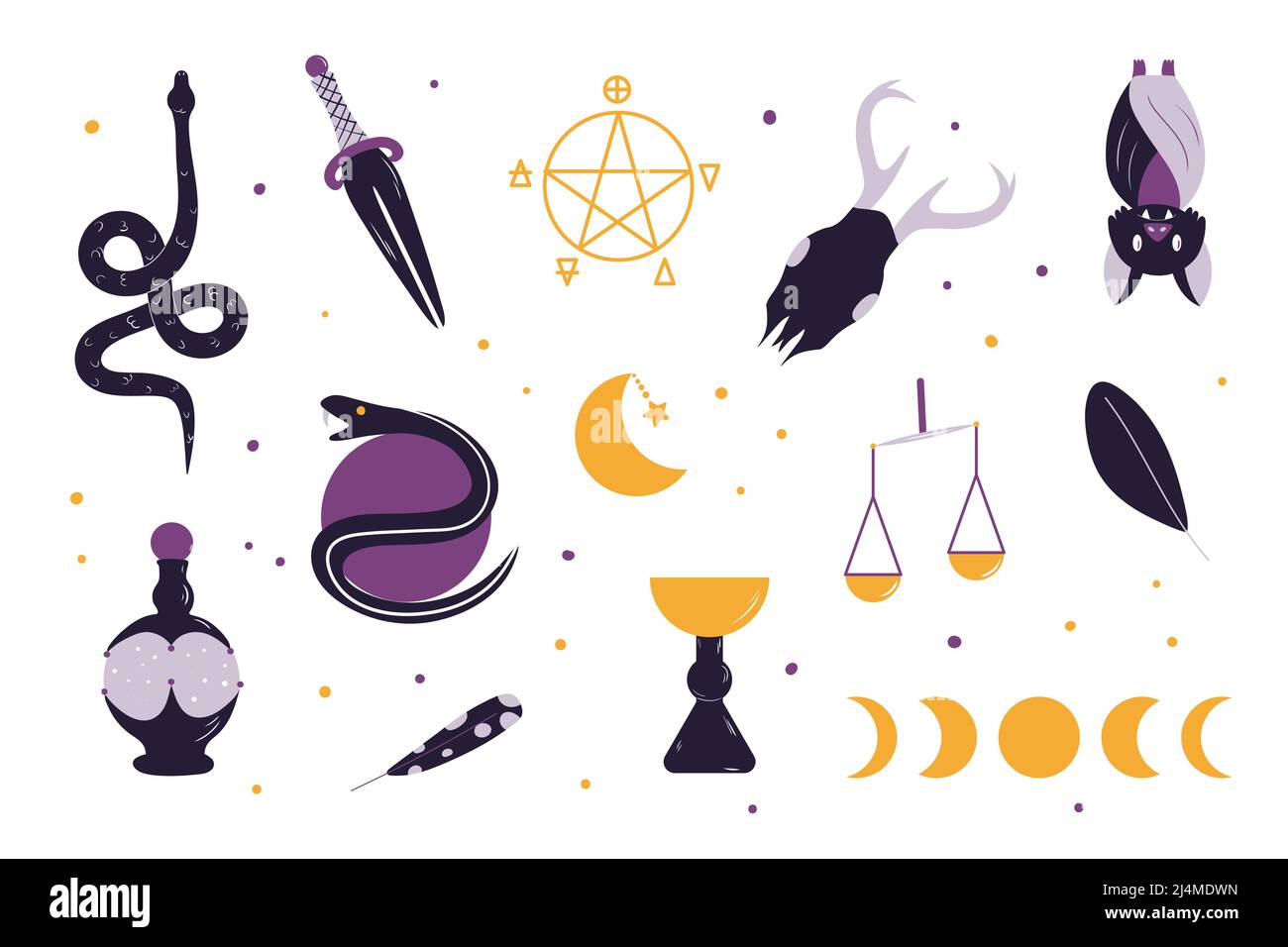 Set of witchcraft elements. Hand drawn collection in clean modern style. Wiccan themed ...