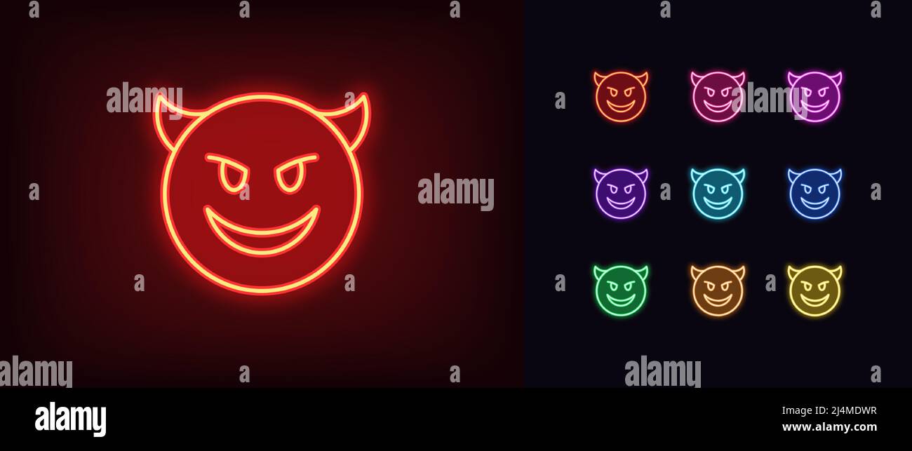 Outline neon devil emoji icon. Glowing neon evil emoticon with horns ...