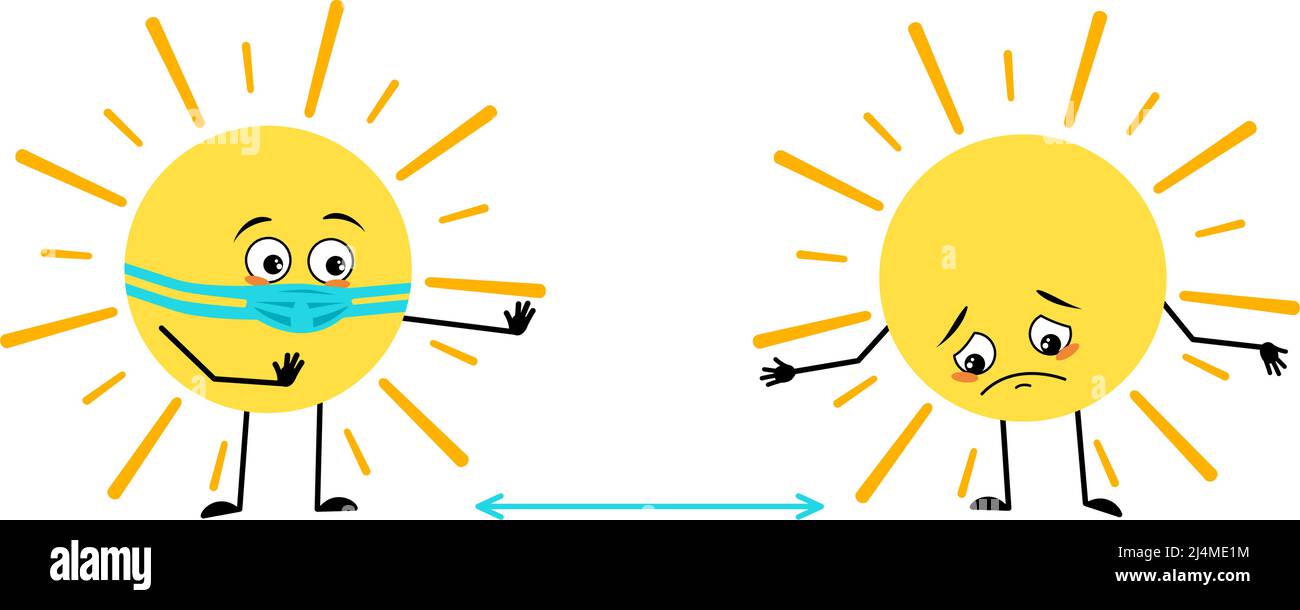 Cute sun character with sad emotions, face and mask keep distance, arms ...