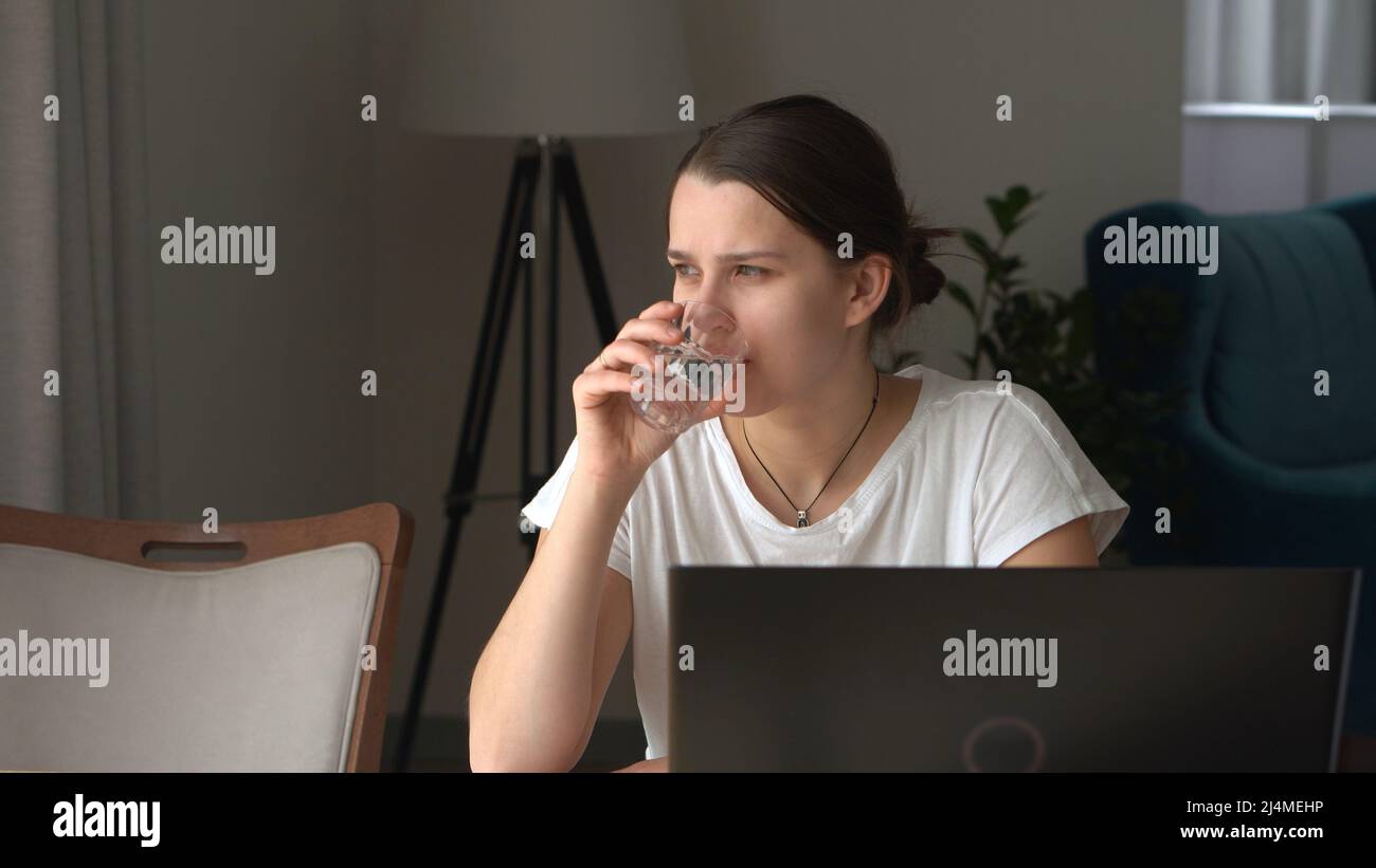 Authentic Stressful Woman working Chatting On Laptop Living Room ...