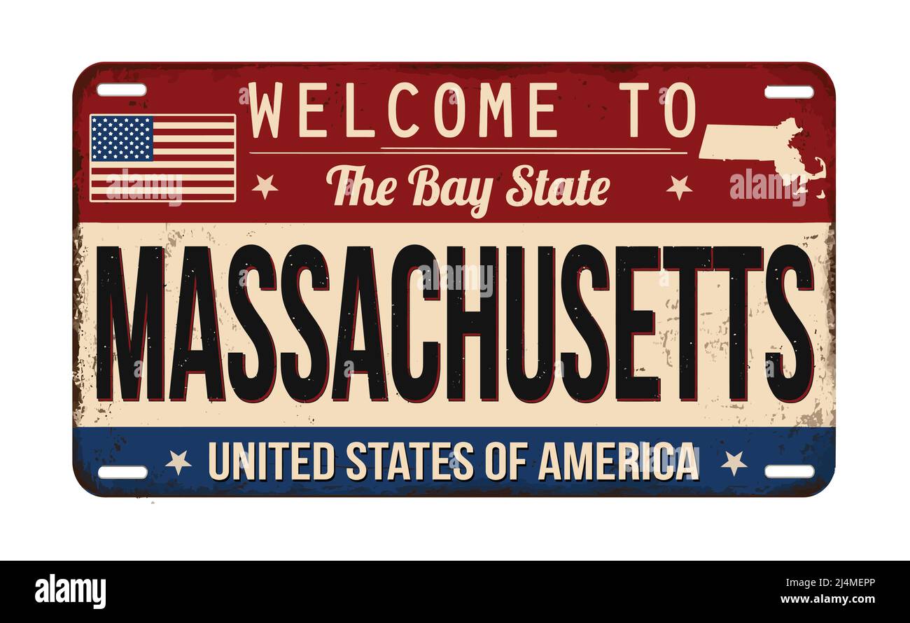 Welcome to Massachusetts vintage rusty license plate on a white ...