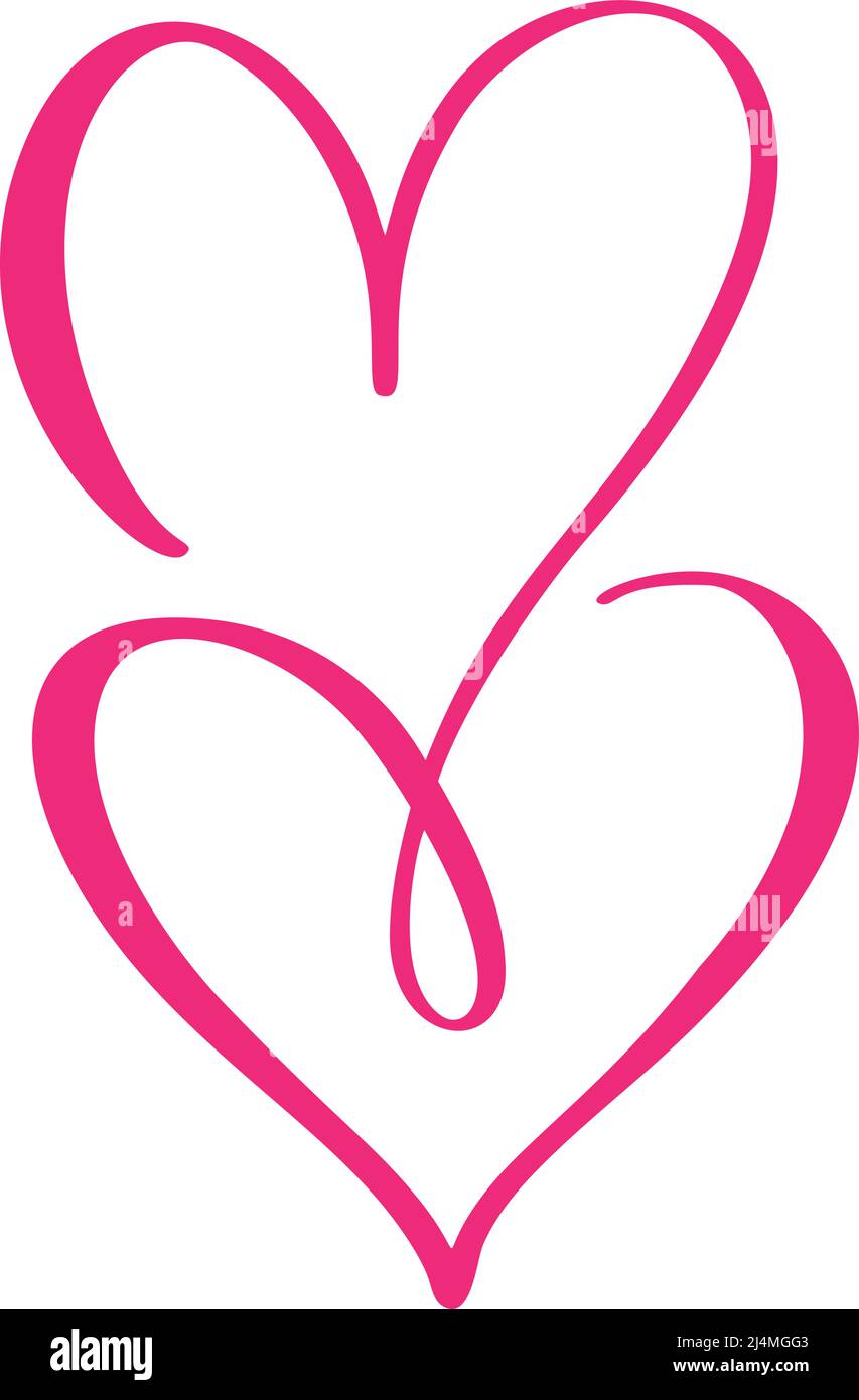 Red Calligraphy two lovers hearts. Hand drawn icon logo vector ...