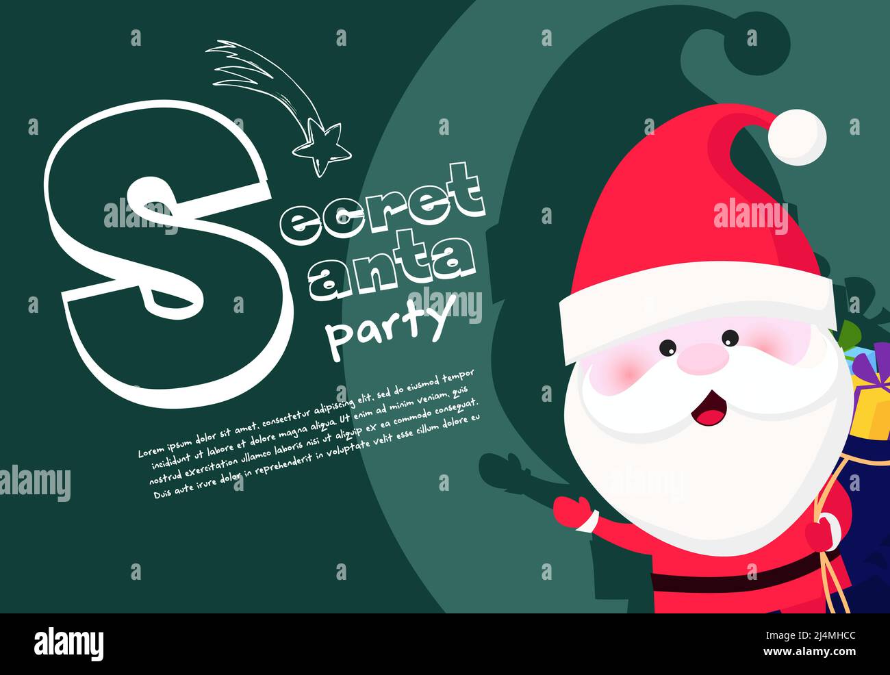 Secret Santa party banner with excited Santa holding sack of gifts and ...