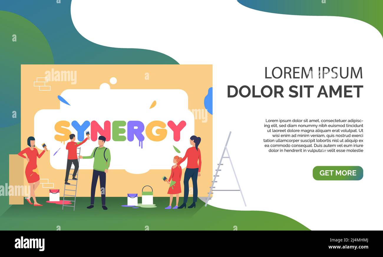 People writing word synergy on wall and sample text. Cooperation ...