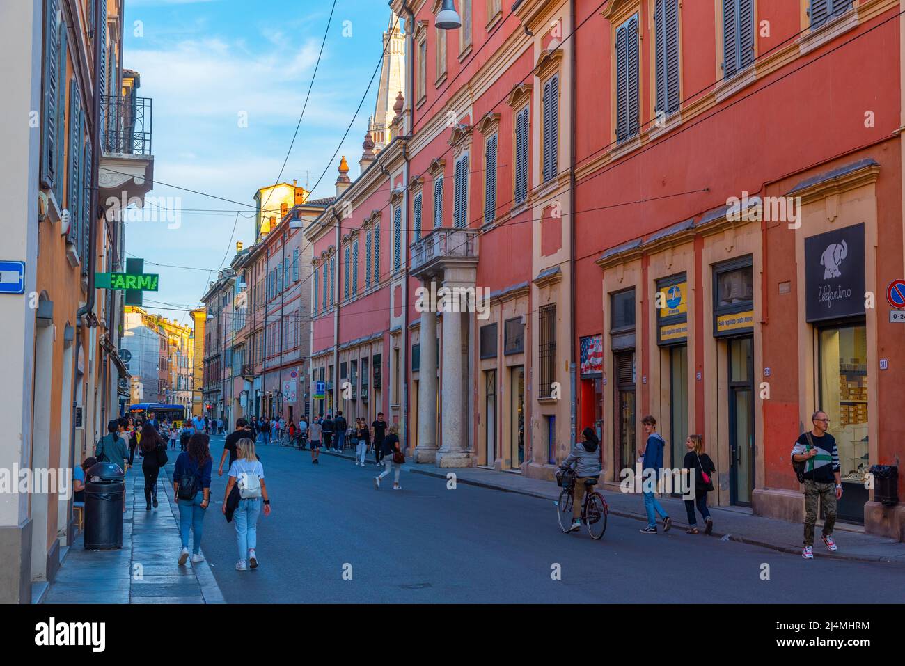 Modena, Italy, September 22, 2021: Sunset view of a commercial street ...