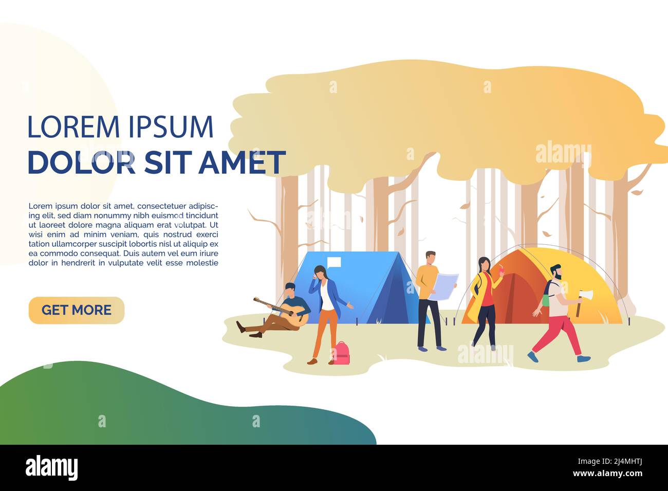 Slide page with tourists resting at tents vector illustration. Hiking ...