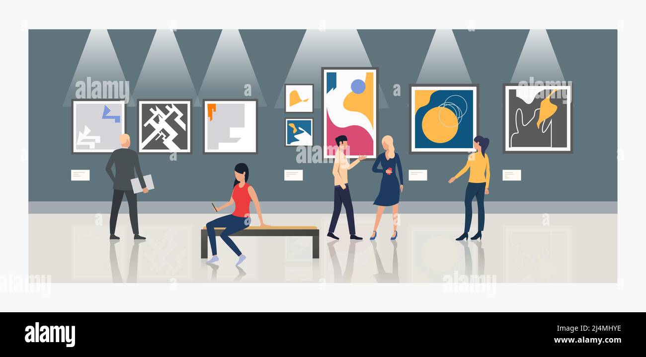 Tourists looking at paintings in art gallery vector illustration ...