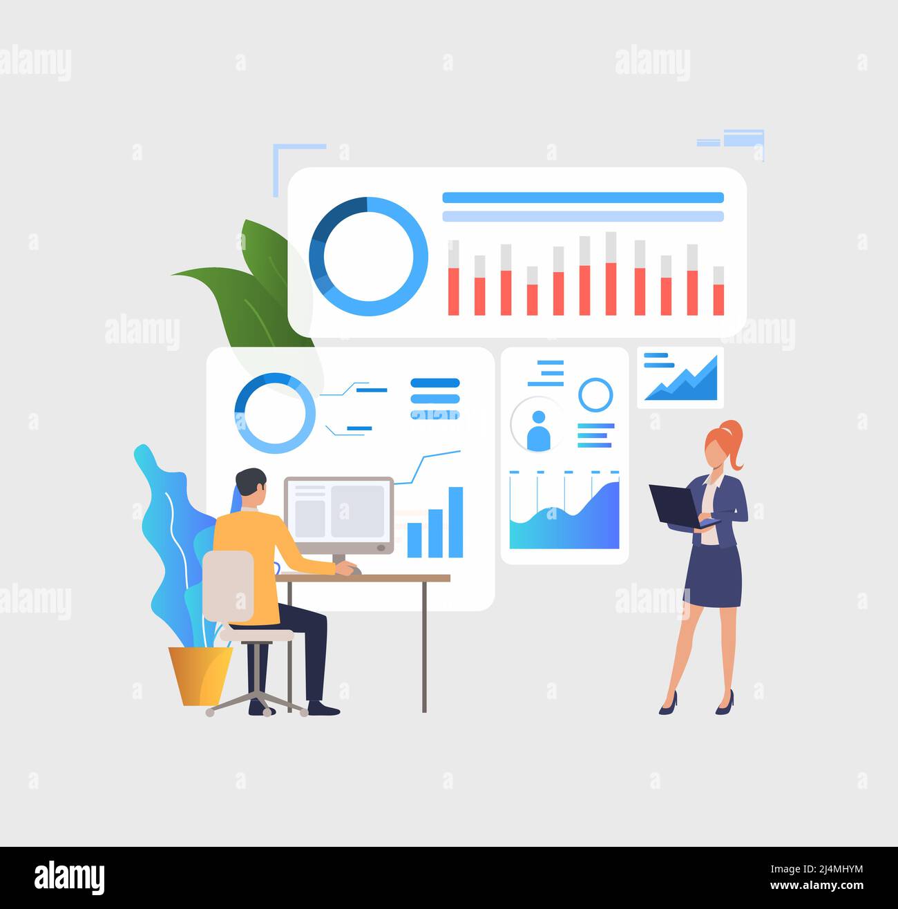 Business people analyzing financial charts on computers. Analysis ...