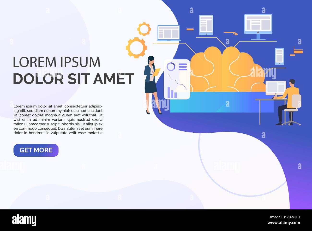 Business people working, brain, diagram, devices and sample text ...