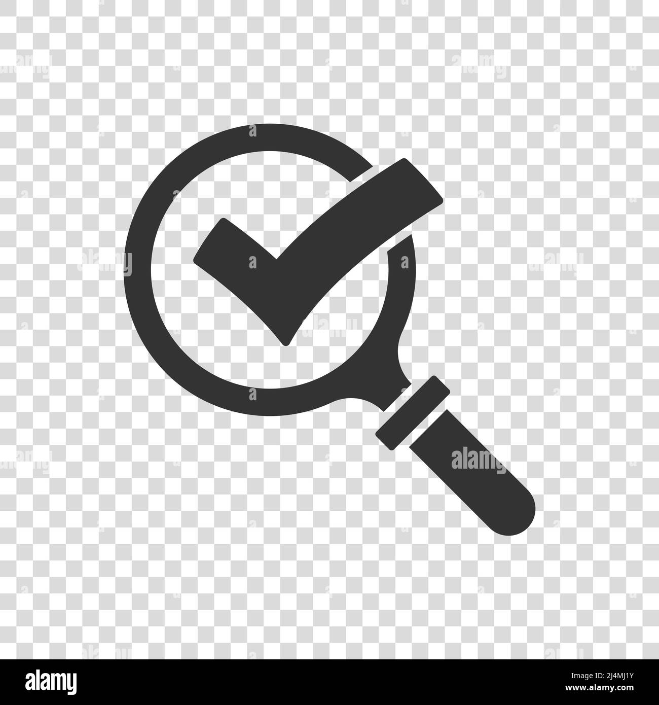Check mark with magnifying glass icon in flat style. Loupe accept vector illustration on white ...