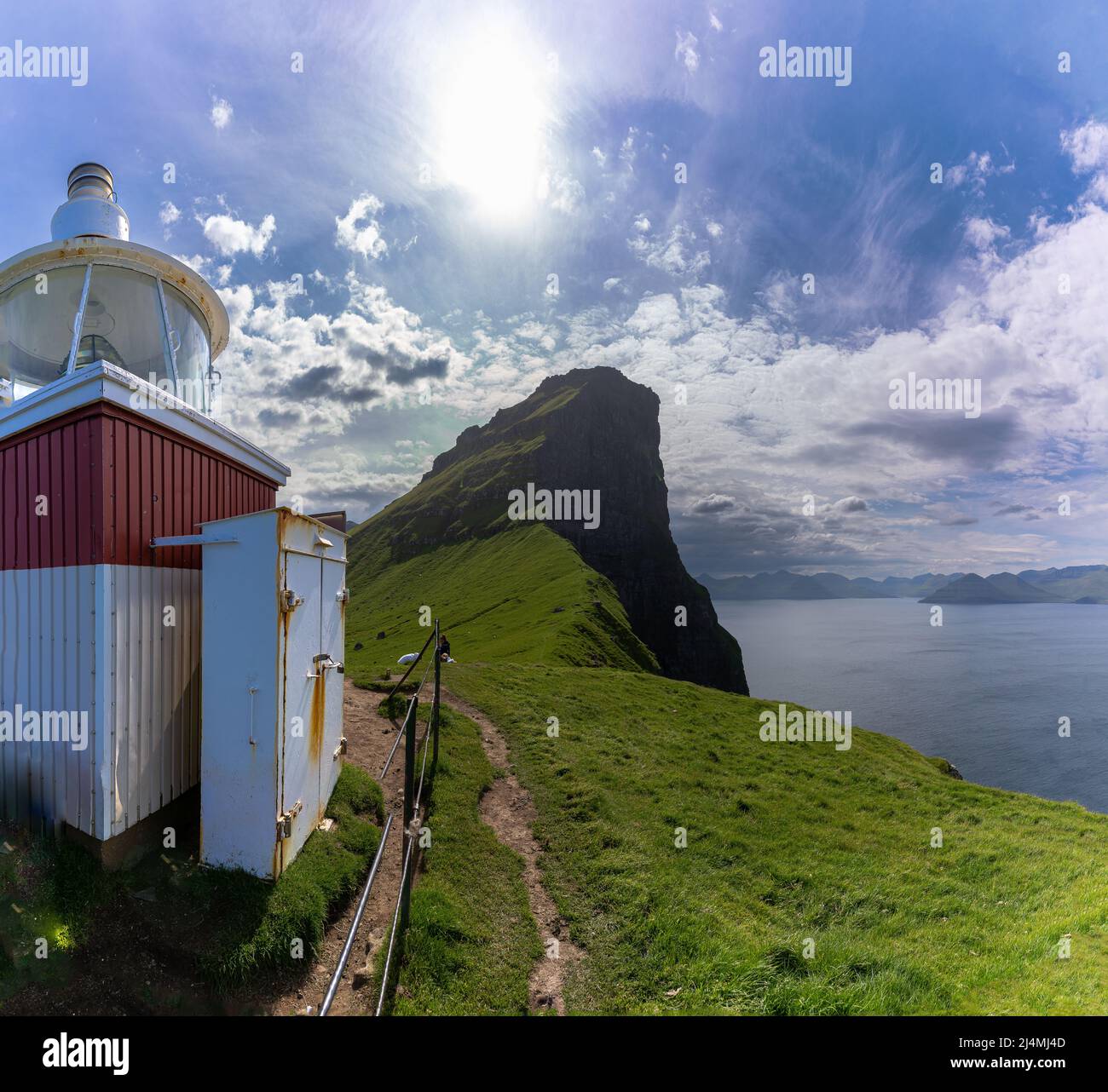 Beautiful aerial view of the Kallur Lighthouse in the Faroe Islands ...
