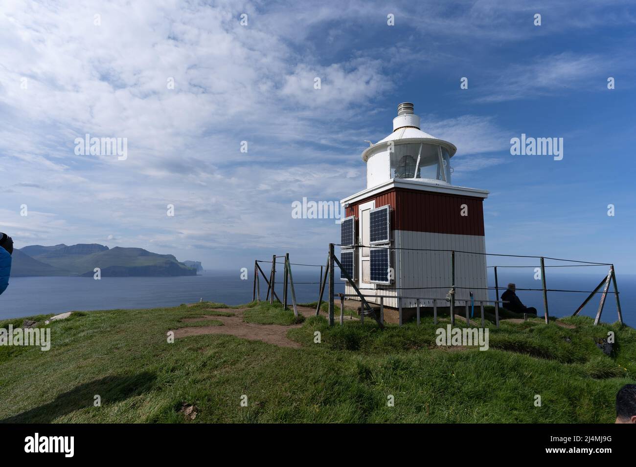 Beautiful aerial view of the Kallur Lighthouse in the Faroe Islands ...
