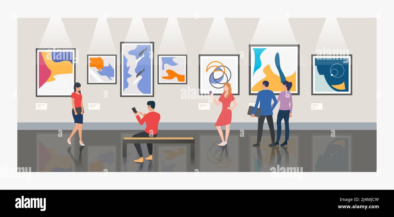 Men and women visiting museum or art gallery vector illustration ...