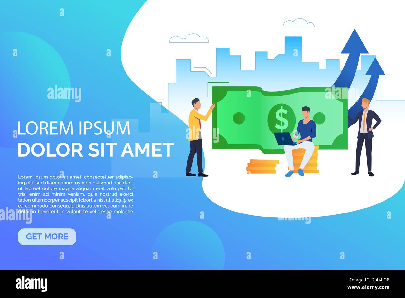 Slide page with businessmen holding banknote and freelancer sitting on ...