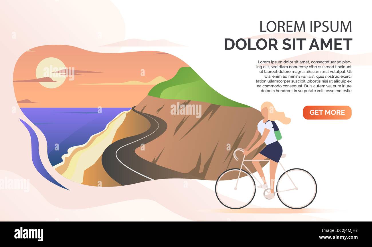 Landscape, mountain road, ocean, woman riding bike, sample text ...