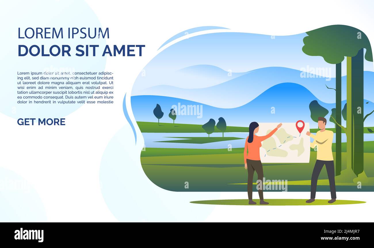 Landscape, people holding paper map and sample text. Tourism, travel ...