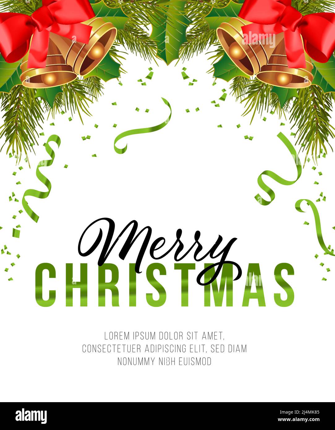 Merry Christmas poster design. Christmas bells with bows, fir tree ...