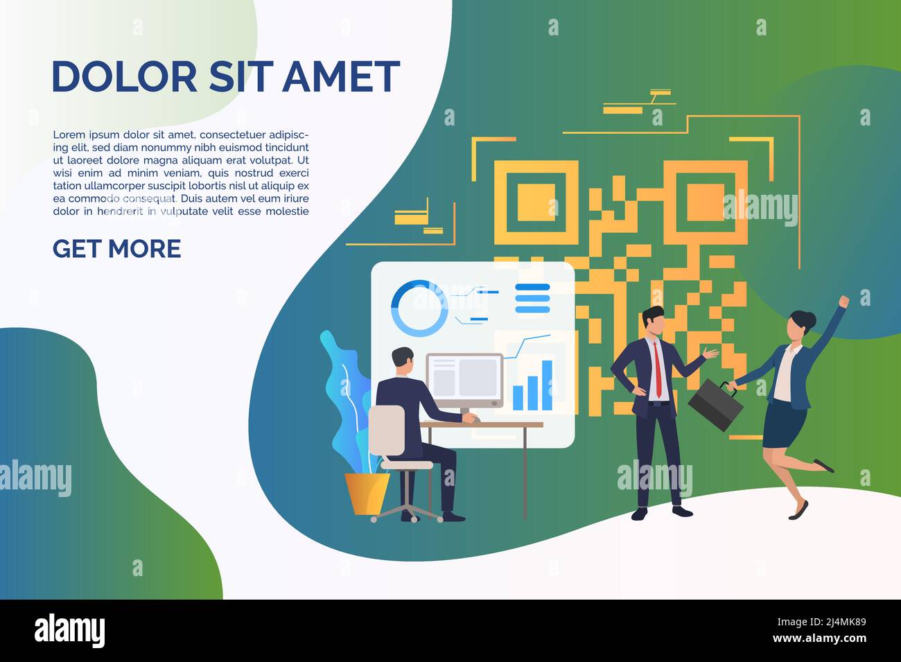 Cheerful business people in office, QR code and sample text ...