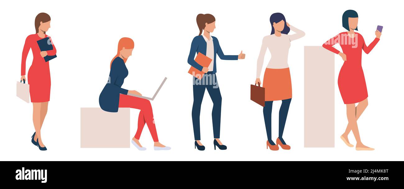 Set of modern business ladies performing tasks. Cartoon collection of ...
