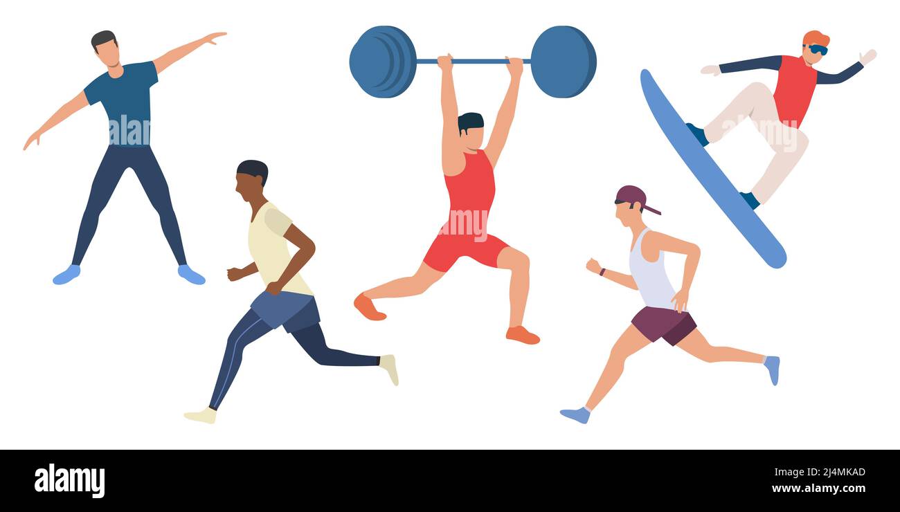 Set of men doing sport. Group of athletes training in gym and outdoors ...