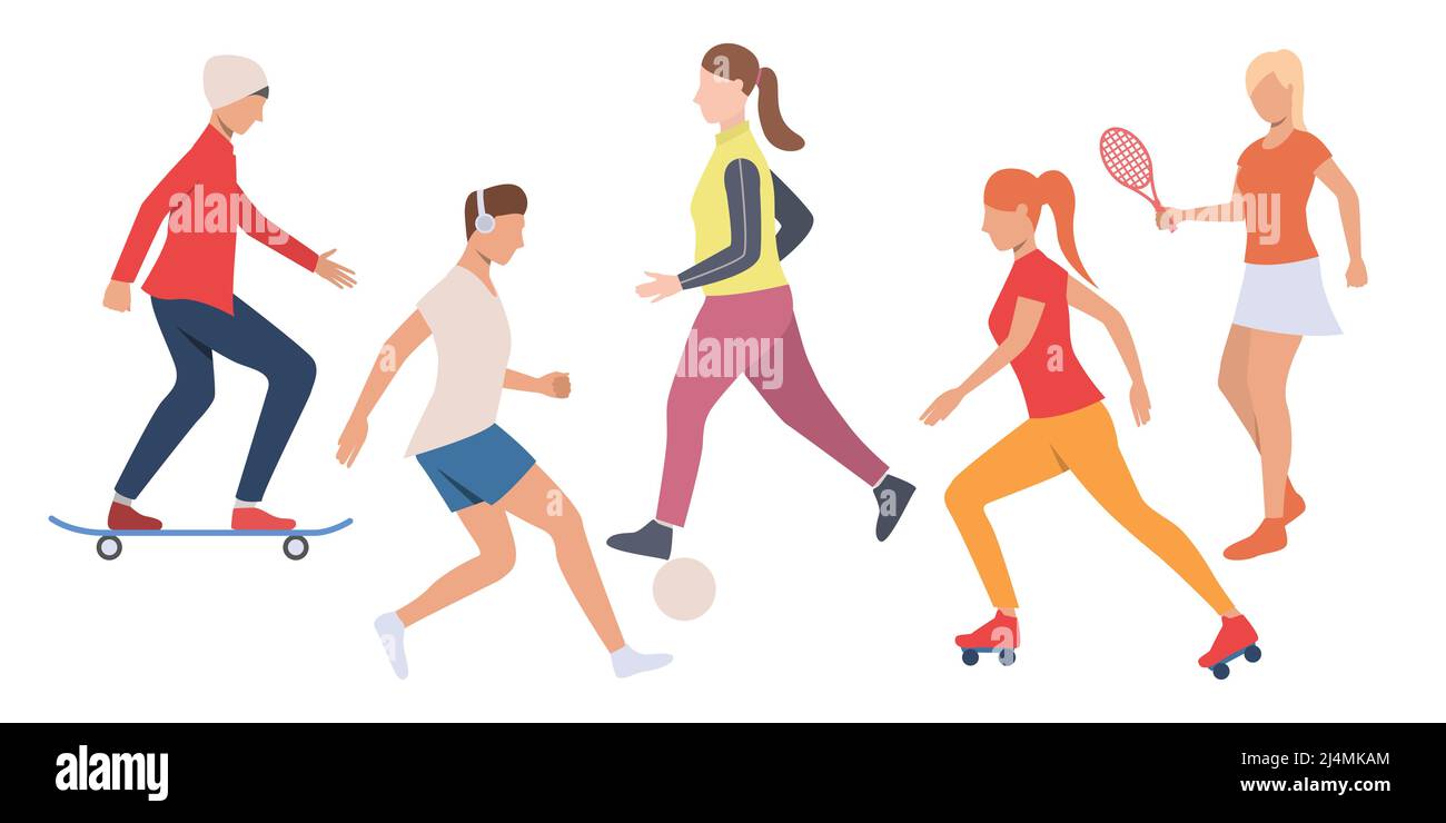 Set of people spending active leisure time. Bundle of sporty people ...