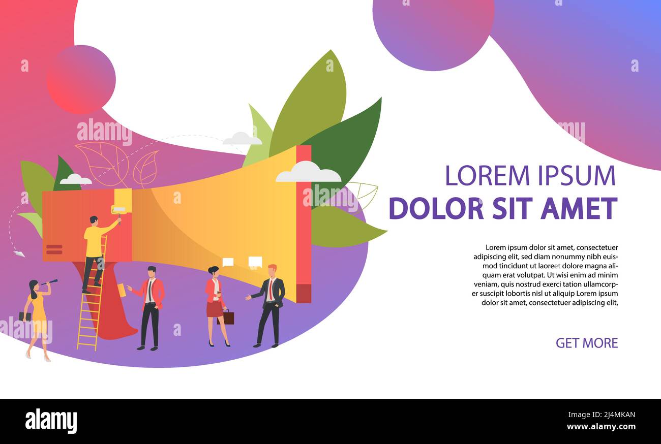 Big megaphone, businesspeople working and sample text. Promotion and ...