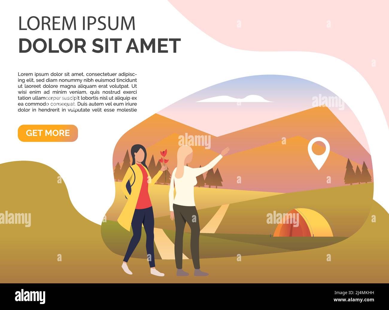 Two woman walking, landscape and sample text. Tourism, holiday, leisure ...