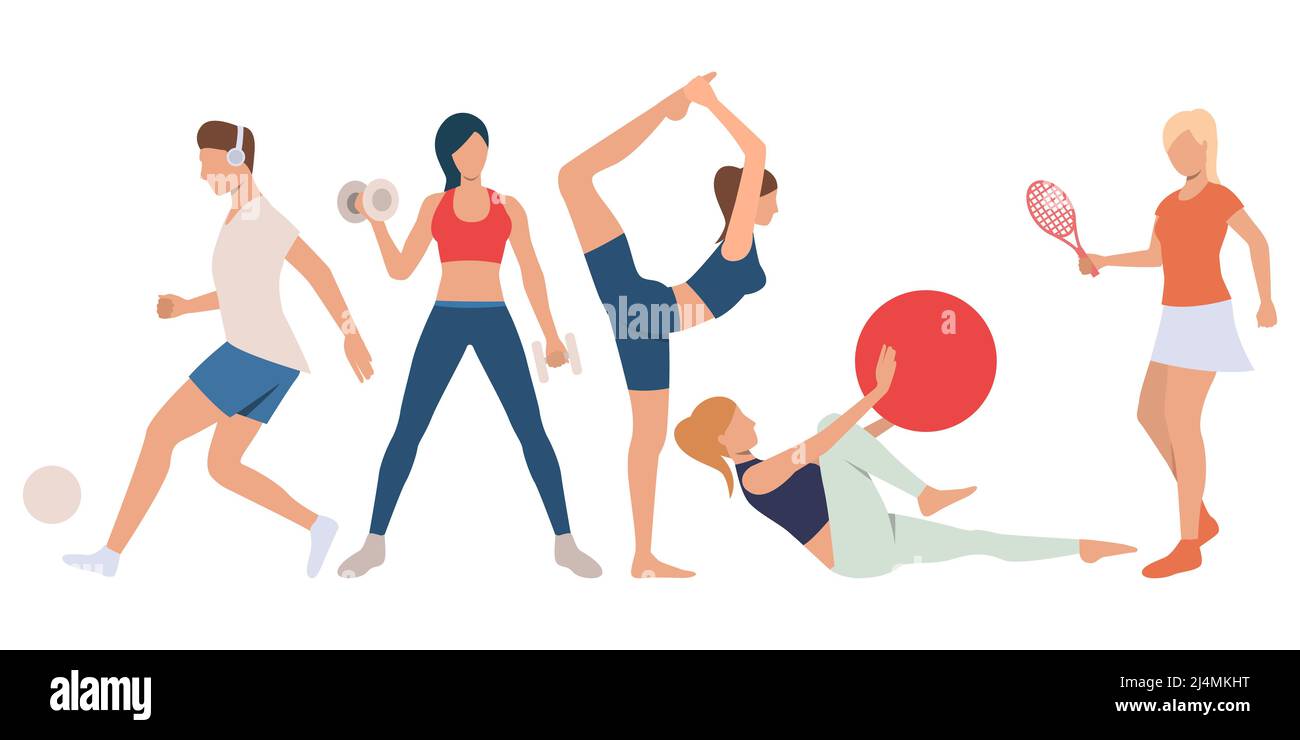 Set of fitness people at training. Group of flat cartoon characters ...