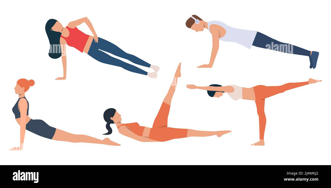 Set of man and women exercising. Group of flexible people stretching ...