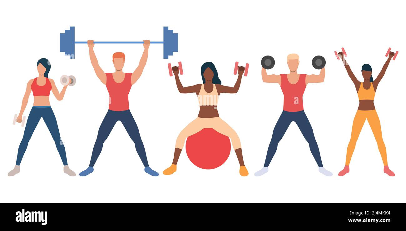 Set of multiethnic people with weights. Fitness characters with heavy ...