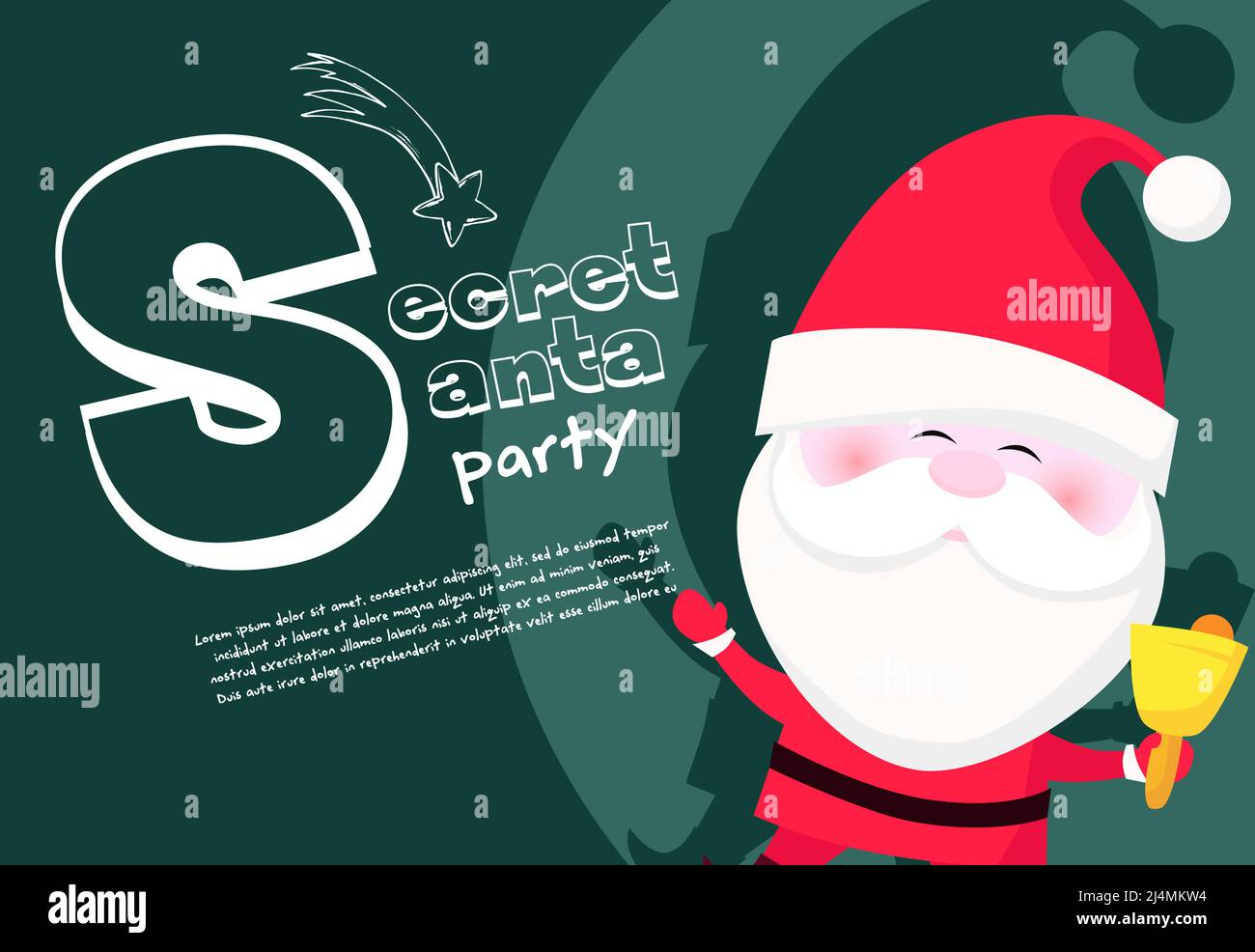 Secret Santa party banner with cute Santa Claus ringing bell and ...