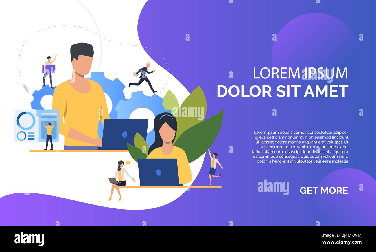 Startup leaders flat icon. Working at laptop, team members, gear ...