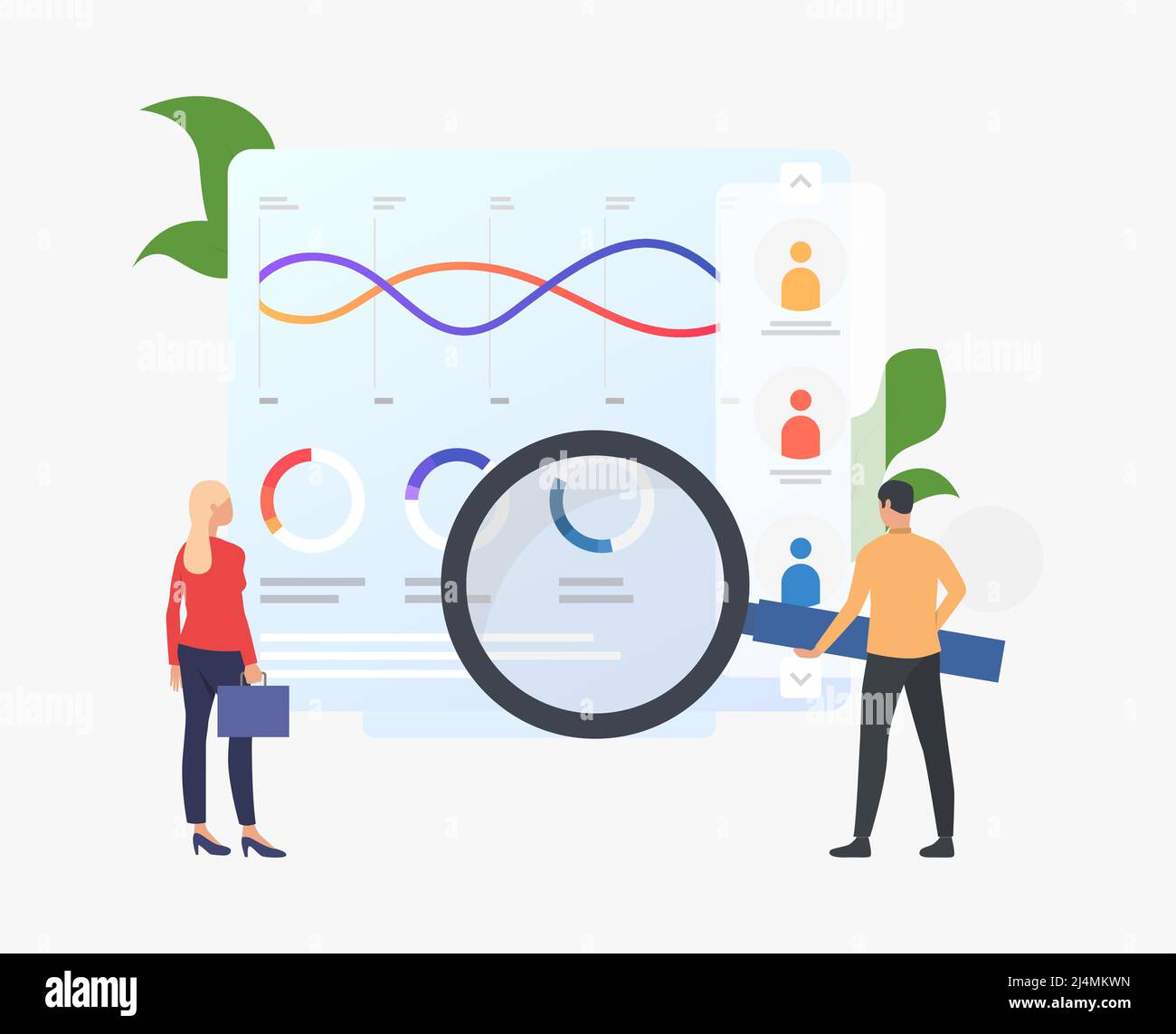 Businesspeople with magnifying glass at diagrams vector illustration ...