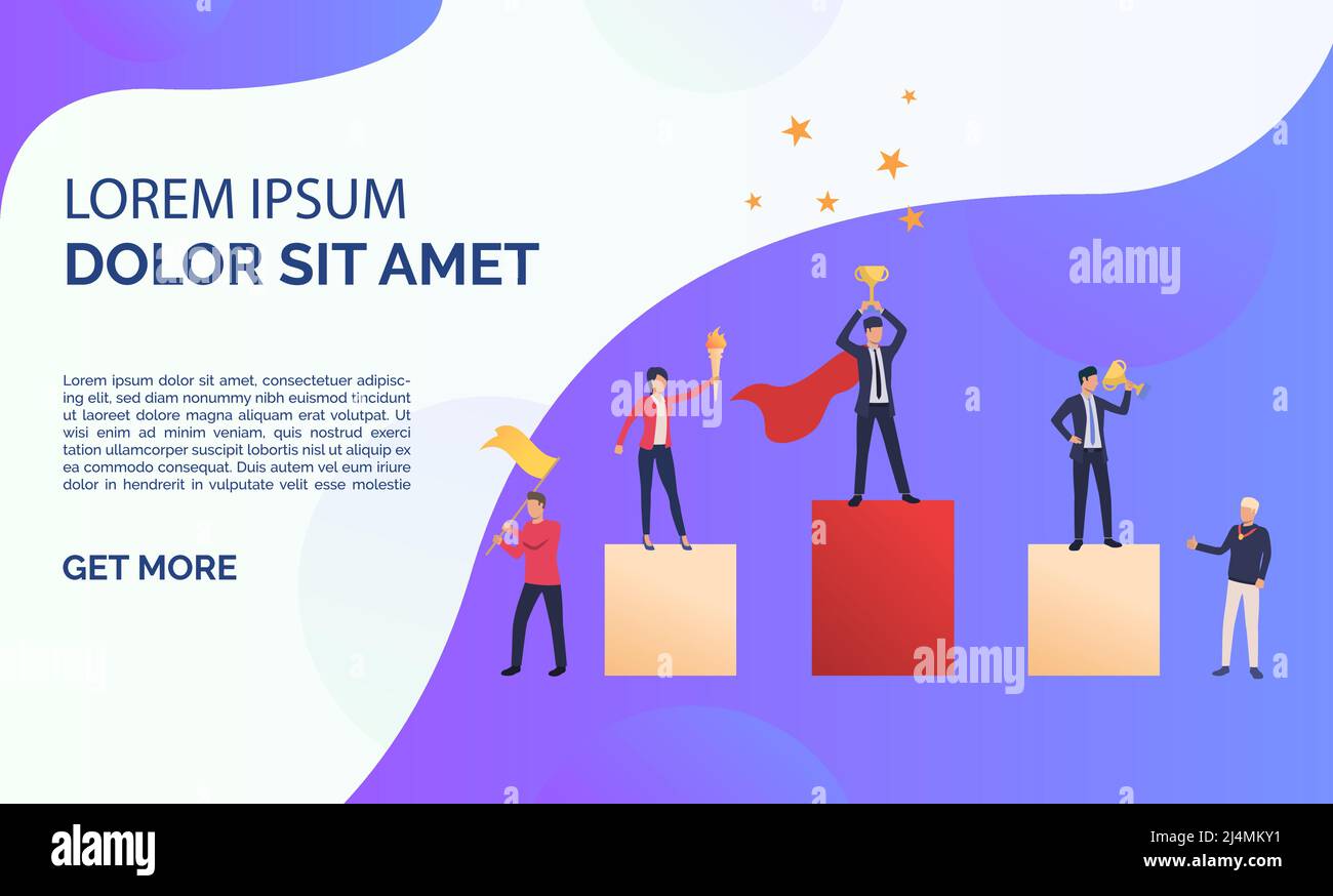 Purple business presentation slide. People standing on podium, people ...