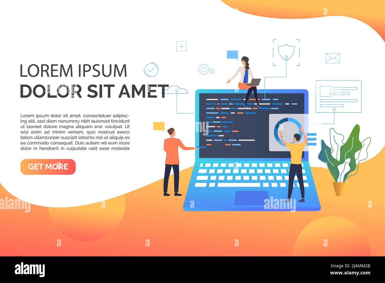 Slide page with people working on laptop vector illustration ...